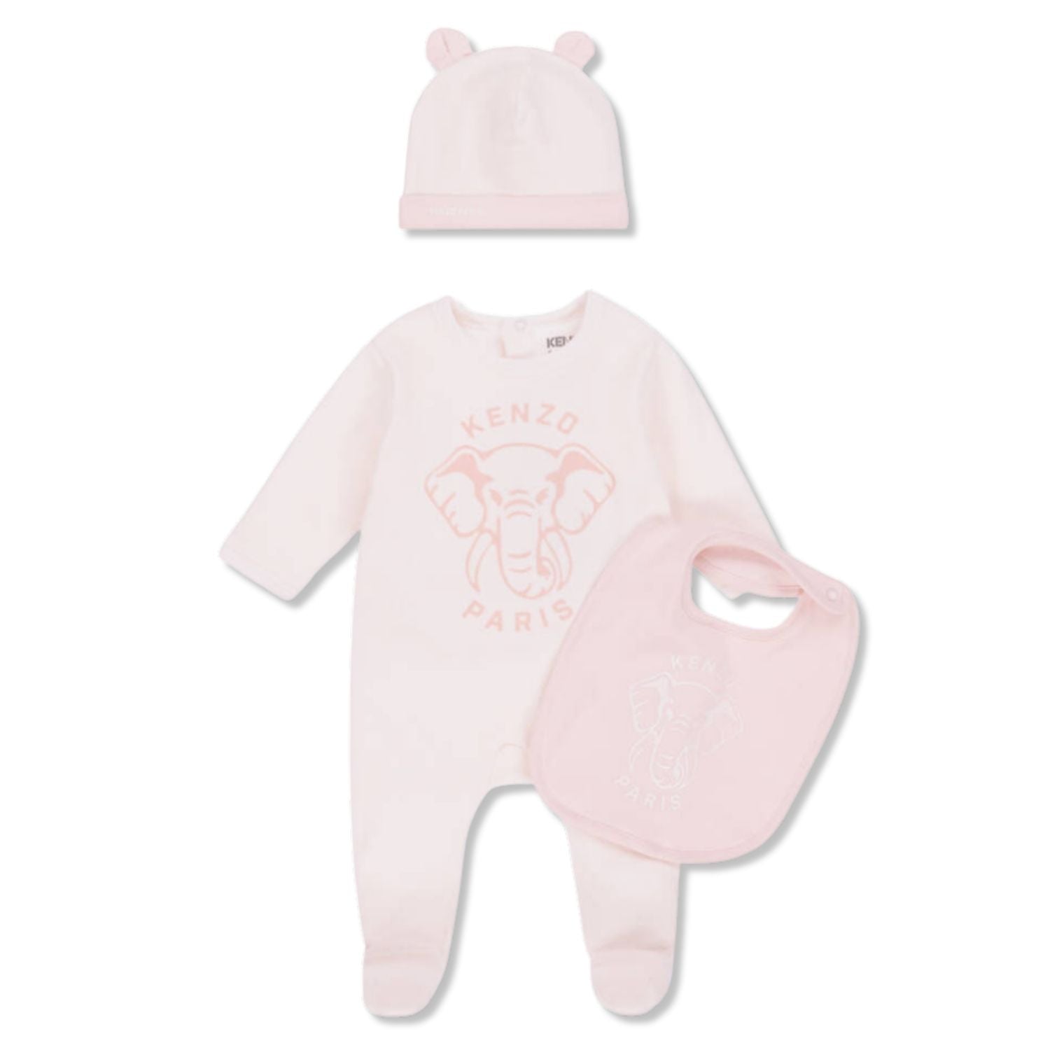 Kenzo Kids – Baby Girls Pink Velour Elephant Romper Set of 3